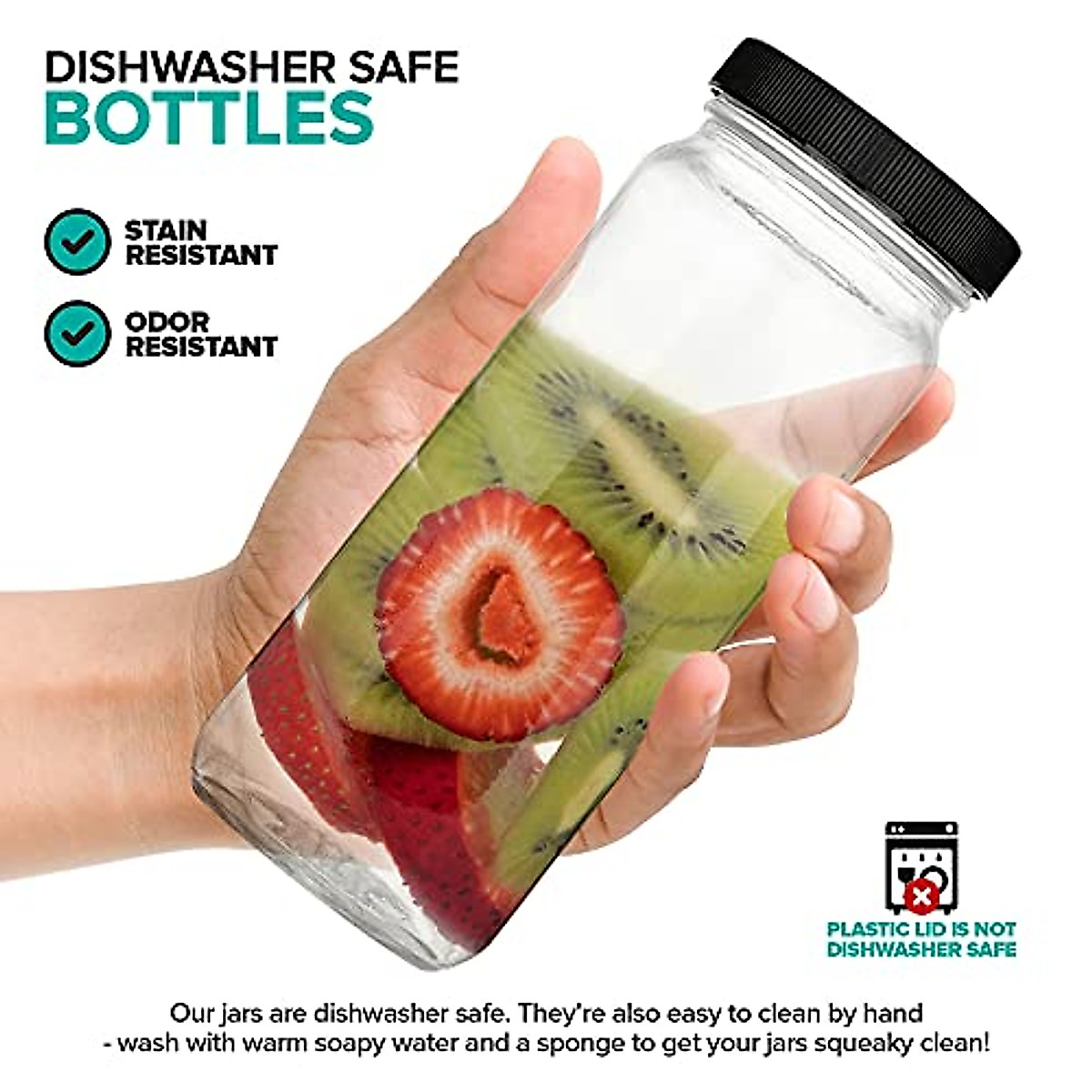 16 oz Glass Jars with Plastic Caps (12 Pack) - Reusable Food Grade Glass Bottles - Dishwasher Safe - Leak-Proof Lids - Travel Bottle for Smoothies & Juicing, Shakes, Milk, Honey - Stock Your Home