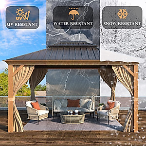 YOLENY 10'x12' Hardtop Gazebo, Wooden Finish Coated Aluminum Frame Canopy with Galvanized Steel Roof, Outdoor Metal Gazebos with Curtains and Nettings for Patio, Backyard, Deck and Lawns