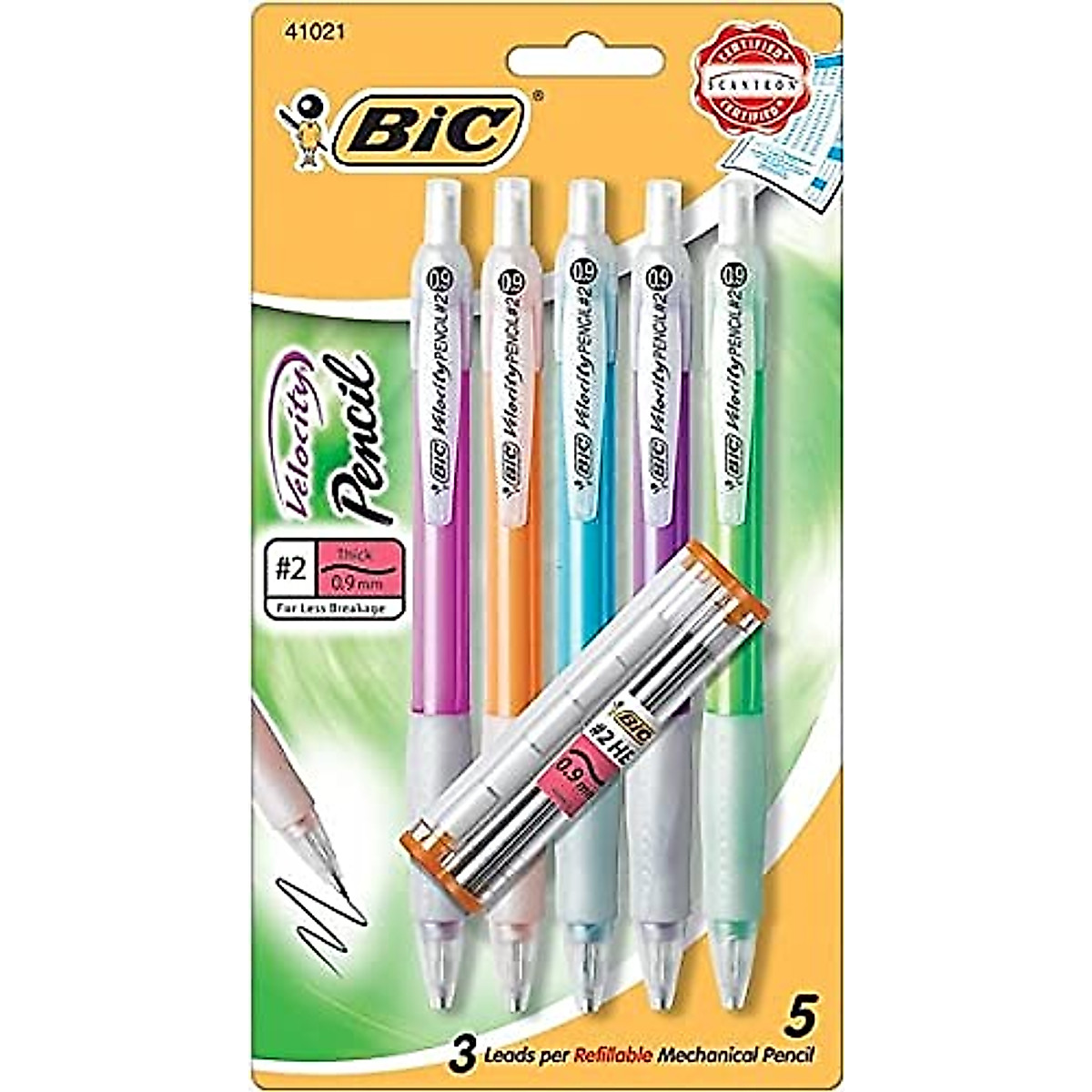 BIC Velocity Strong Lead Mechanical Pencils, With Colorful Barrel, Thick Point (0.9mm), 5-Count Pack Mechanical Pencils With Erasers