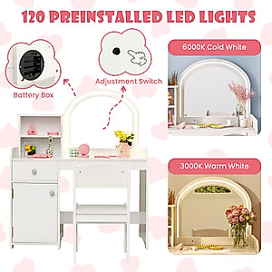 INFANS Kids Vanity, Princess Makeup Desk and Chair Set with Lights Mirror Drawer Storage Shelves, Wooden Dressing Table, Pretend Play Vanity Set for Toddler Girls