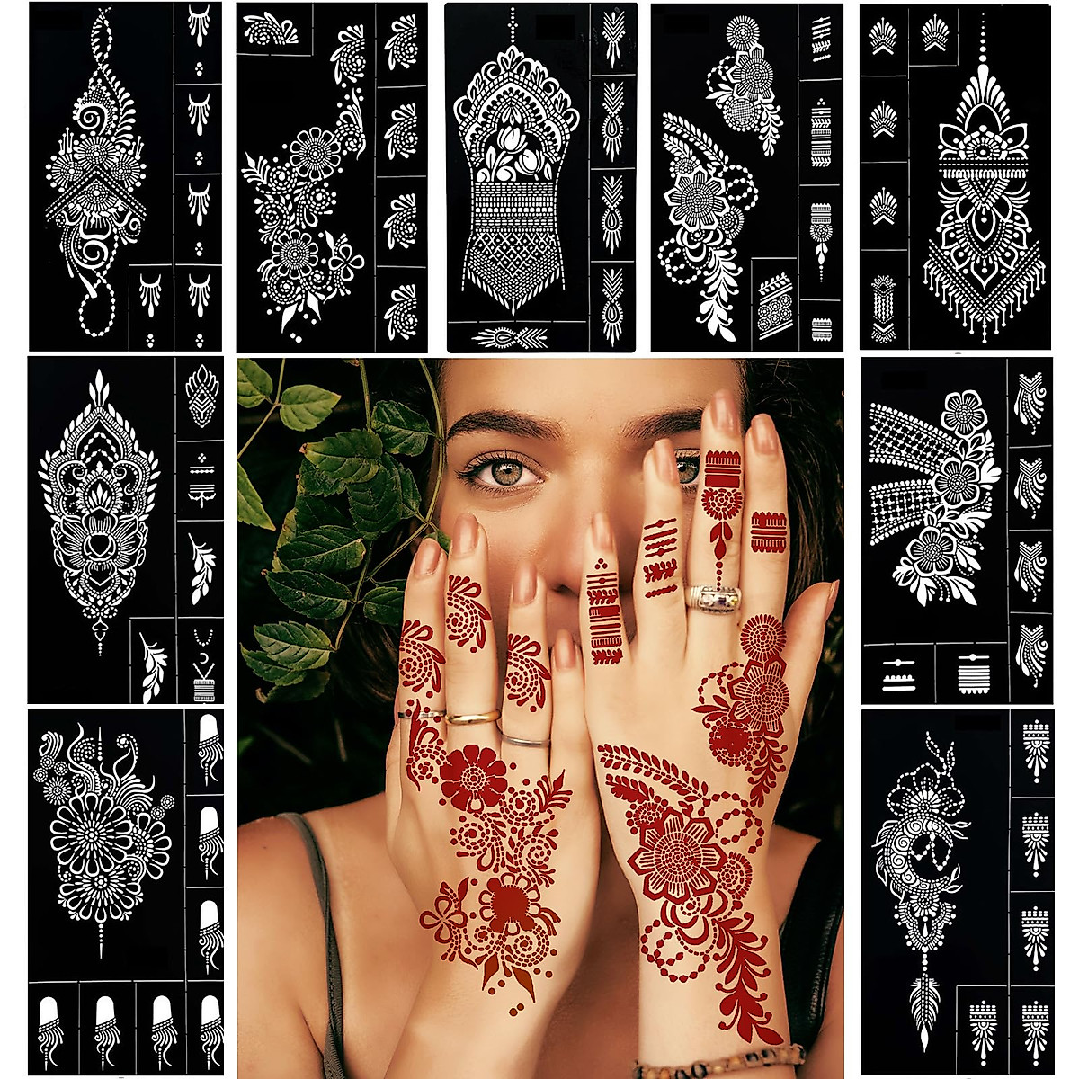 QSTOHENA 9 Sheets Henna Tattoo Stencils kit for Hand Reusable, Mehndi Temporary Tattoo Adhesive Templates Flower stencils for Women Girls Face Body Finger Art Paint
