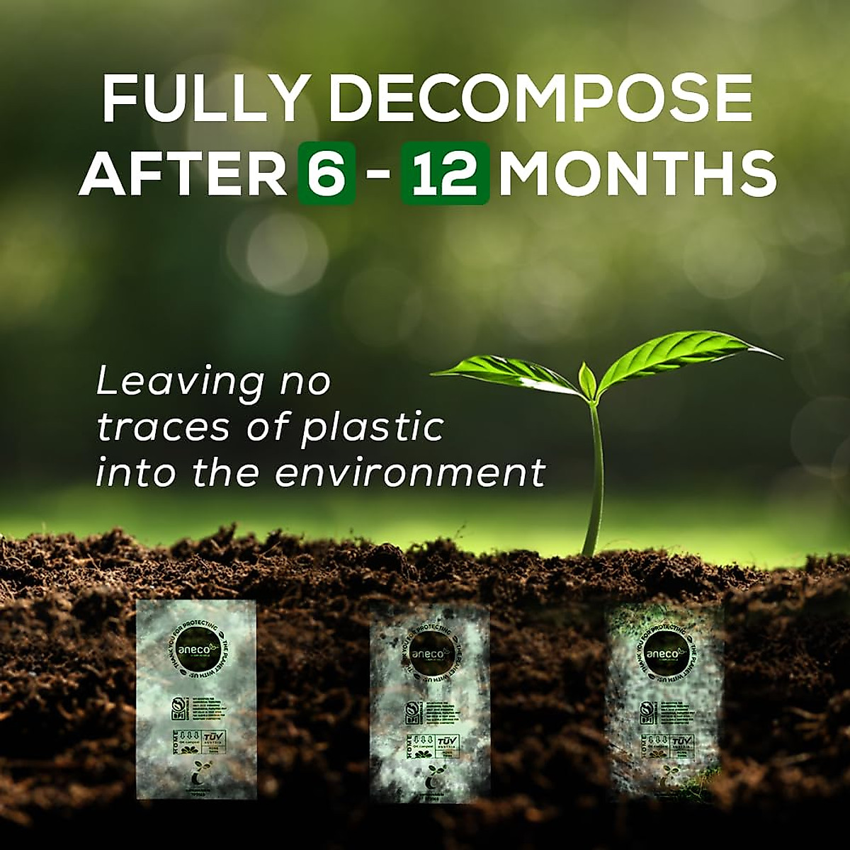 ANECO 100% Home Compostable Food Waste Bags (1.6 Gallon Trash Bags, 50 Count), Small Kitchen Compost Bags for Countertop Bin, Certified by BPI (ASTM D6400), TUV Austria & OK Compost Home