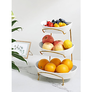 Yedio Fruit Bowls for Kitchen Counter, 3 Tier Ceramic Fruit Basket with Serving Bowls Metal Stand, Tiered White Porcelain Bowls for Fruit Vegetable Storage, Snack, Nuts, Cake, Dessert