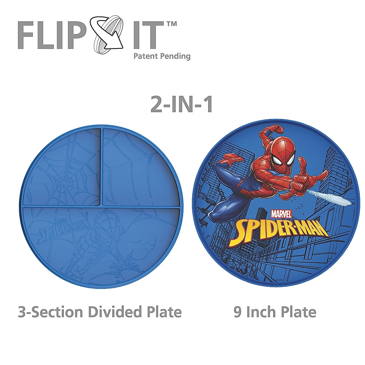 Zak Designs Marvel Spider Man Double-Sided Embossed Texture and 3 Sections Durable Material is BPA Free and Perfect for Kids (9", Set of 2), 9 inches, SpiderMan Classic PP Flip-It Plate 2pc (SPCE-1390)