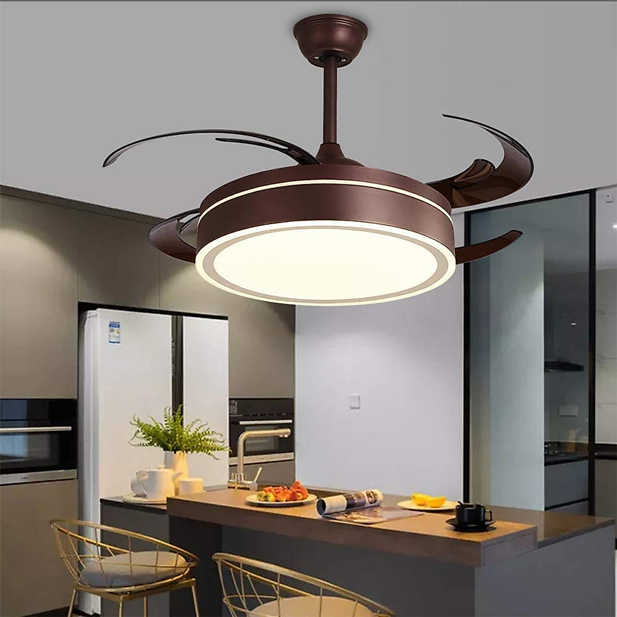 Lighting Groups 42" Retractable Ceiling Fans with LED Light Remote Control 4 Invisible Clear ABS Blades Livingroom Diningroom Fan Chandelier Indoor Ceiling Light Kits with Fans (Brown)