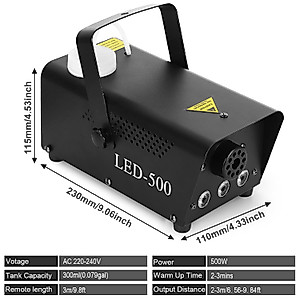 Fog Machine, 500W Portable Led Fog Machine with 11ft Wired Receiver and Wireless Remote Control, Three-Color Smoke Machine Suitable for Christmas/Valentine's Day/Halloween/Wedding/Party/DJ (Black)