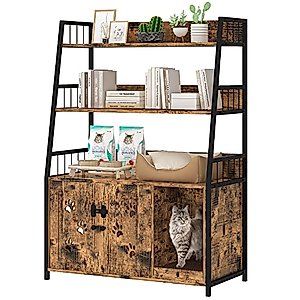 Recaceik Large Cat Litter Box Enclosure with Shelf Storage, Hidden Cat Washroom Furniture, Wooden Cat House with Scratch Pad, Sturdy Indoor Cat Cabinet with 2 Doors