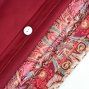 ABREEZE Boho Luxury Bohemian Retro Boho Bedding King 3 Pcs 100% Egyptian Cotton Paisley Damask Pattern Duvet Covers red and Gold 800 Thread Count