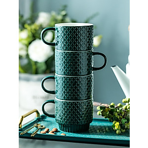 LYEOBOH Coffee Mug Set Porcelain Stackable Coffee Mugs with Stand and Spoons, 13 OZ. Cappuccino Cup Demitasse Cups for Drinks, Espresso, Latte,Set of 4, Dark Green