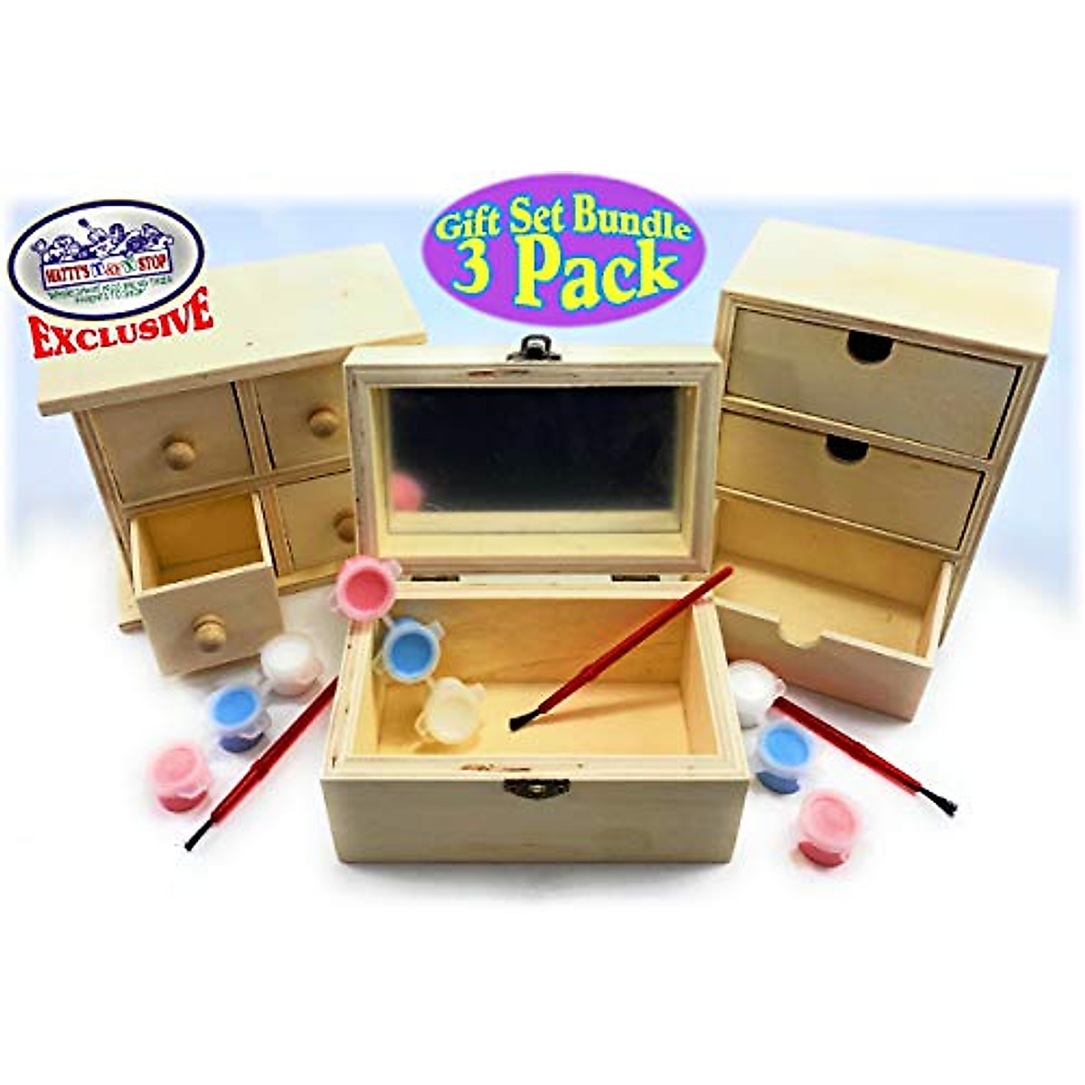Matty's Toy Stop Design & Paint Your Own Wooden Jewelry Box Set with Mirror Jewelry Box, 3 Drawer Dresser, 4 Drawer Dresser, 3 Brushes & 9 Paints (3 Pink, 3 Blue & 3 White) Gift Set Bundle - 3 Pack