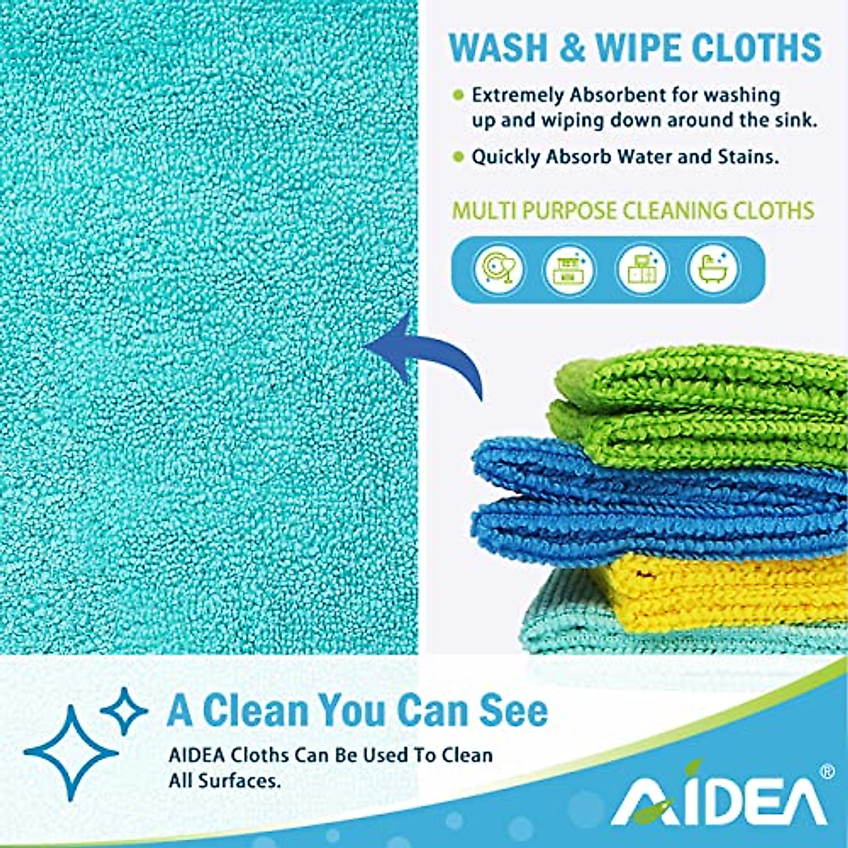 AIDEA Microfiber Cleaning Cloths-8PK, All-Purpose Softer Highly Absorbent, Lint Free - Streak Free Wash Cloth for House, Kitchen, Car, Window, Gifts(12in.x 12in.)