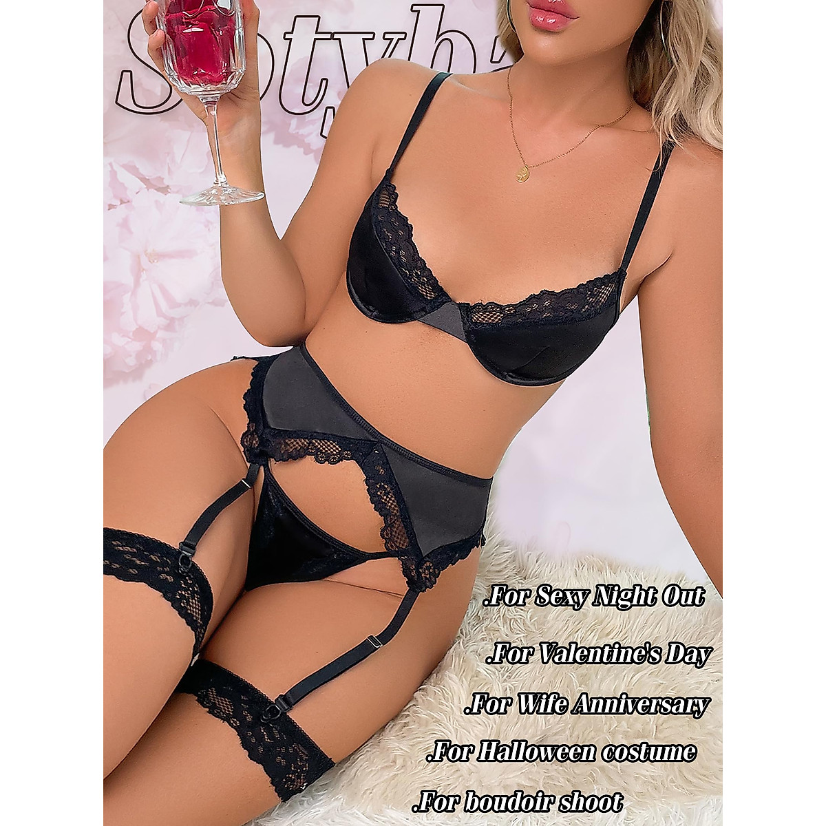 Sotybabe Sexy Lace lingerie Set for women Exotic Garter Belt 4 Piece Floral Satin Push Up Bra and Panty Sets Black