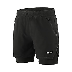 ARSUXEO Men's 2 in 1 Active Running Shorts with 2 Zipper Pockets B191 Black Size Medium