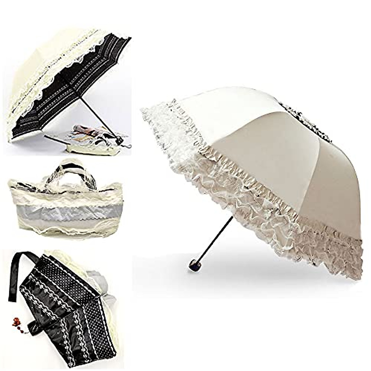 WANLIAN Princess Lace Ultraviolet-Proof Triple Folding Umbrella Dome used for ParasolDecorations Photoshoot Props.（Rice white）