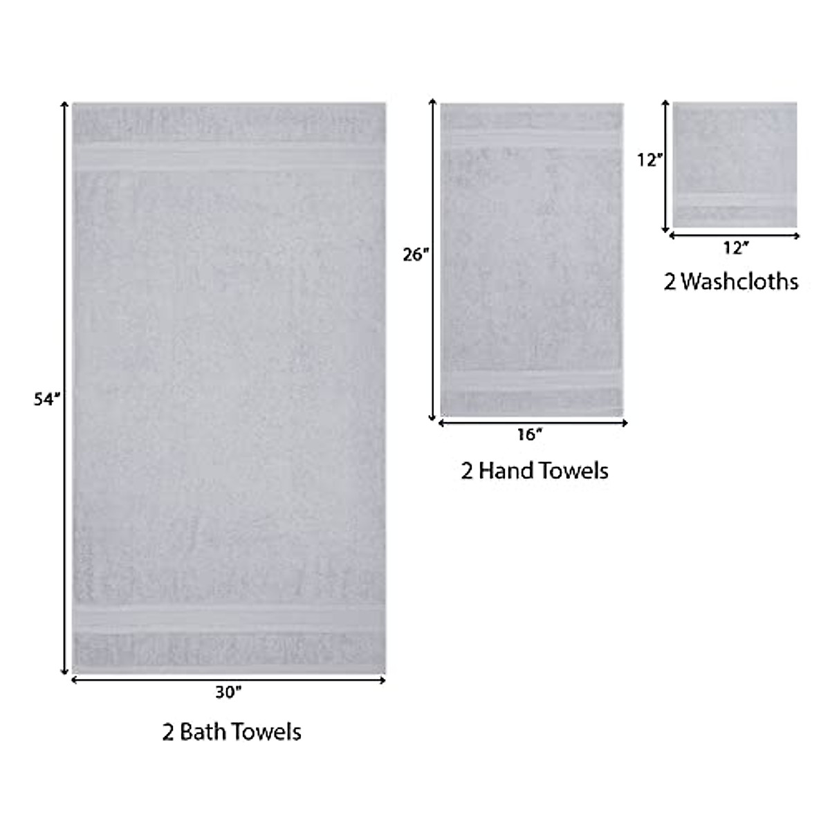 TRIDENT 6 Piece Bath Towels Set for Bathroom - 2 Bath Towel, 2 Hand Towel, 2 Washcloth 100% Cotton Soft and Plush Highly Absorbent, Soft Towel for Hotel & Spa - Silver Grey