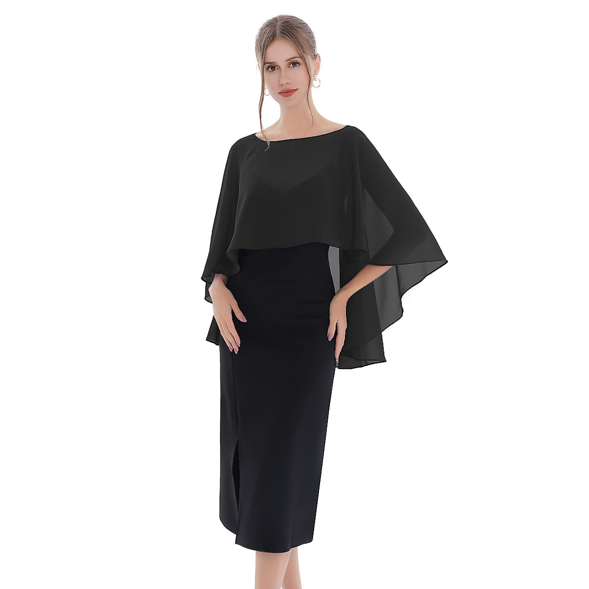 Baoqiya Women's Capelet Shawls and Wraps for Evening Dresses Soft Bridesmaid Shawl Chiffon Cape Wedding Cover Up One Size(Black)