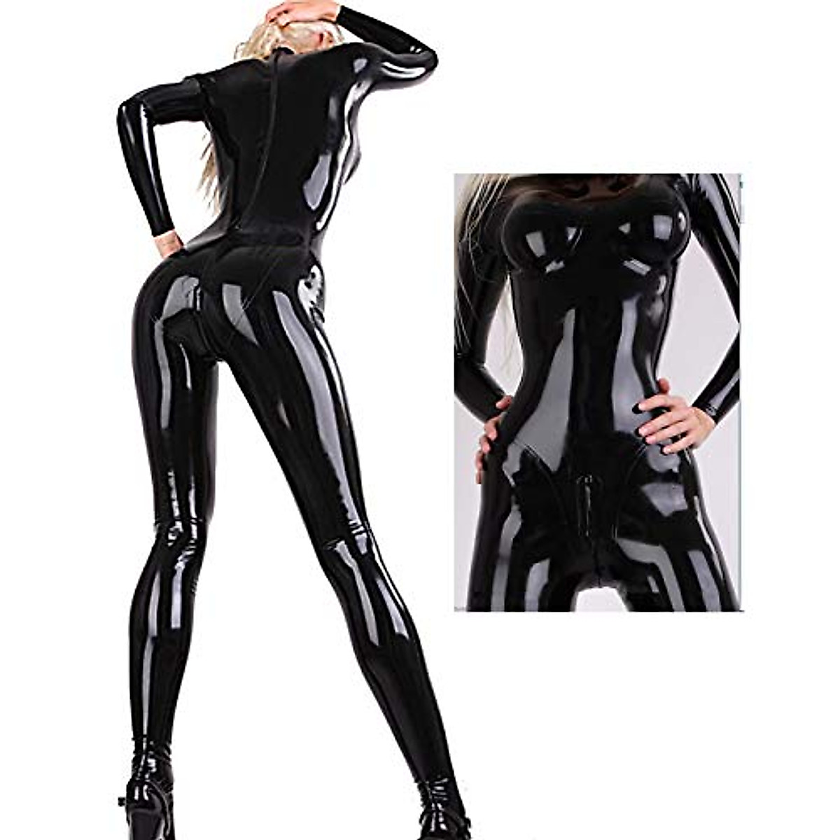 LESOYA Women's Sexy Shiny Wetlook Leather Long Sleeve Zipper Crotch Bodysuit Full Body Catsuit Jumpsuit Clubwear