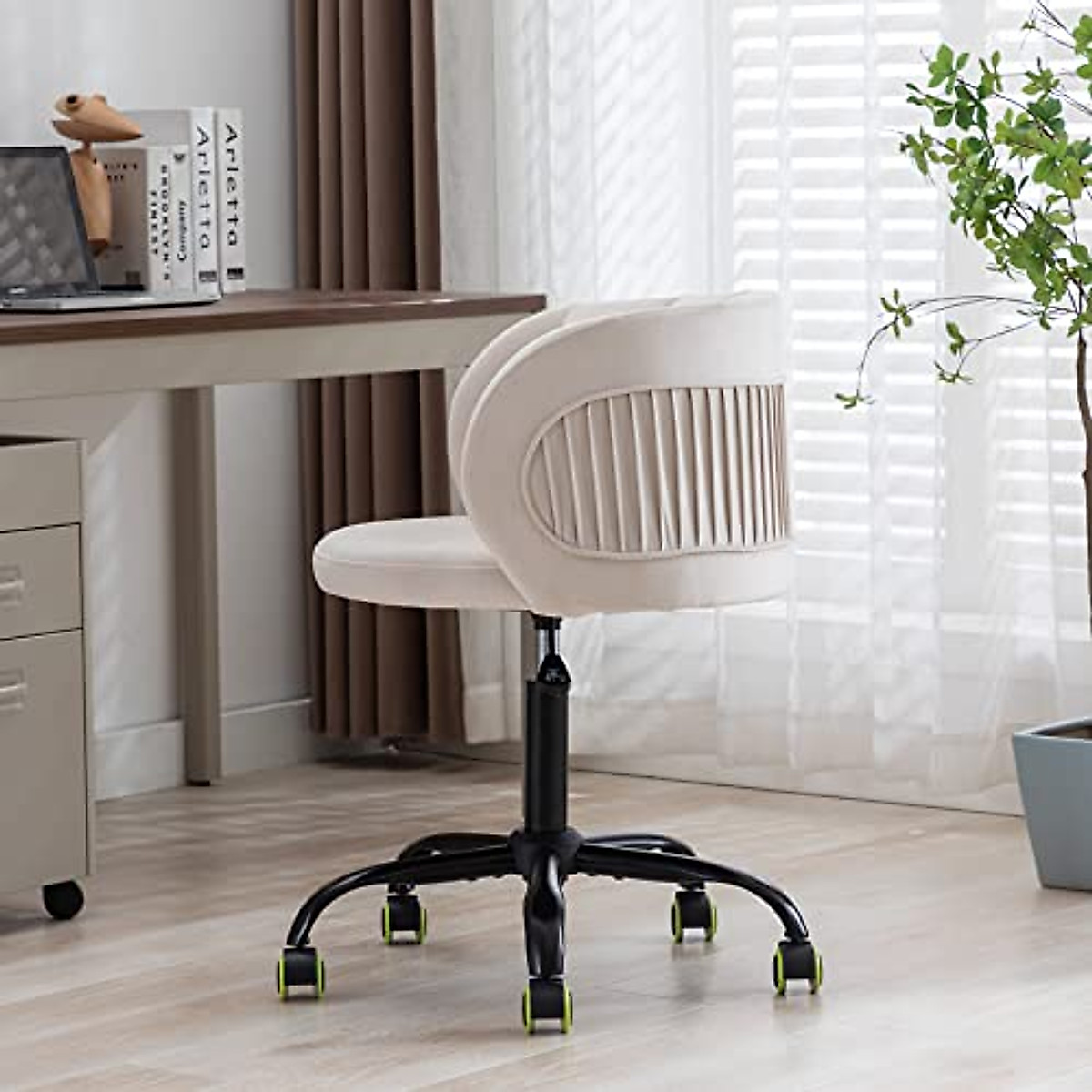 SSLine Elegant Velvet Desk Chair for Girls Women Modern Swivel Office Computer Chair with Black Base Wheels Upholstered Cute Vanity Chair Task Chair w/Tufted Back for Home Study Living Room(Beige)