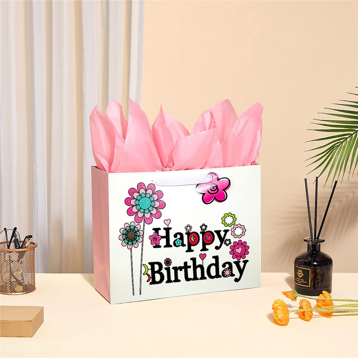 SUNCOLOR 13" Large Gift Bags for Birthday Party with Tissue Paper(2 Pack, Flower with Happy Birthday)