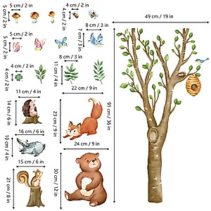 wondever Woodland Animals Wall Stickers Birch Tree Bear Fox Peel and Stick Wall Art Decals for Kids Bedroom Baby Nursery