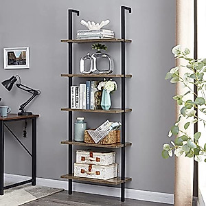 SUPERJARE Industrial Ladder Shelf, 5-Tier Wood Wall-Mounted Bookcase with Stable Metal Frame, 72 Inches Storage Rack Shelves Display Plant Flower, Stand Bookshelf for Home Office - Vintage Brown