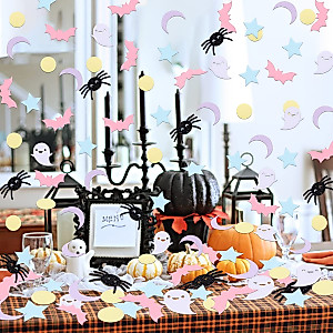 200PCS Halloween Party Confetti for Boys Girls - Pink Teal Black Table Scatter Confetti with Ghost Moon Bat Spider Star Circle Dots for Kids’ Halloween Theme Birthday Party Baby Shower Decor Supplies