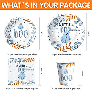 APOWBLS Halloween Baby Shower Decorations Tableware - A Little Boo Is Almost Due Baby Shower Decorations, Plates, Cups, Napkins, Tablecloth, Cutlery, Halloween Baby Shower Party Supplies | Serve 24