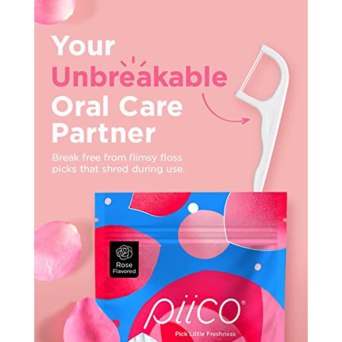 Piico Rose Floss Picks with Xylitol, 100 Counts, Unbreakable and Shred-Resistant Flossers for Adults, Resealable Pack, Long-Lasting Unique Flavored Dental Floss Picks, Doubles as Portable Dental Picks