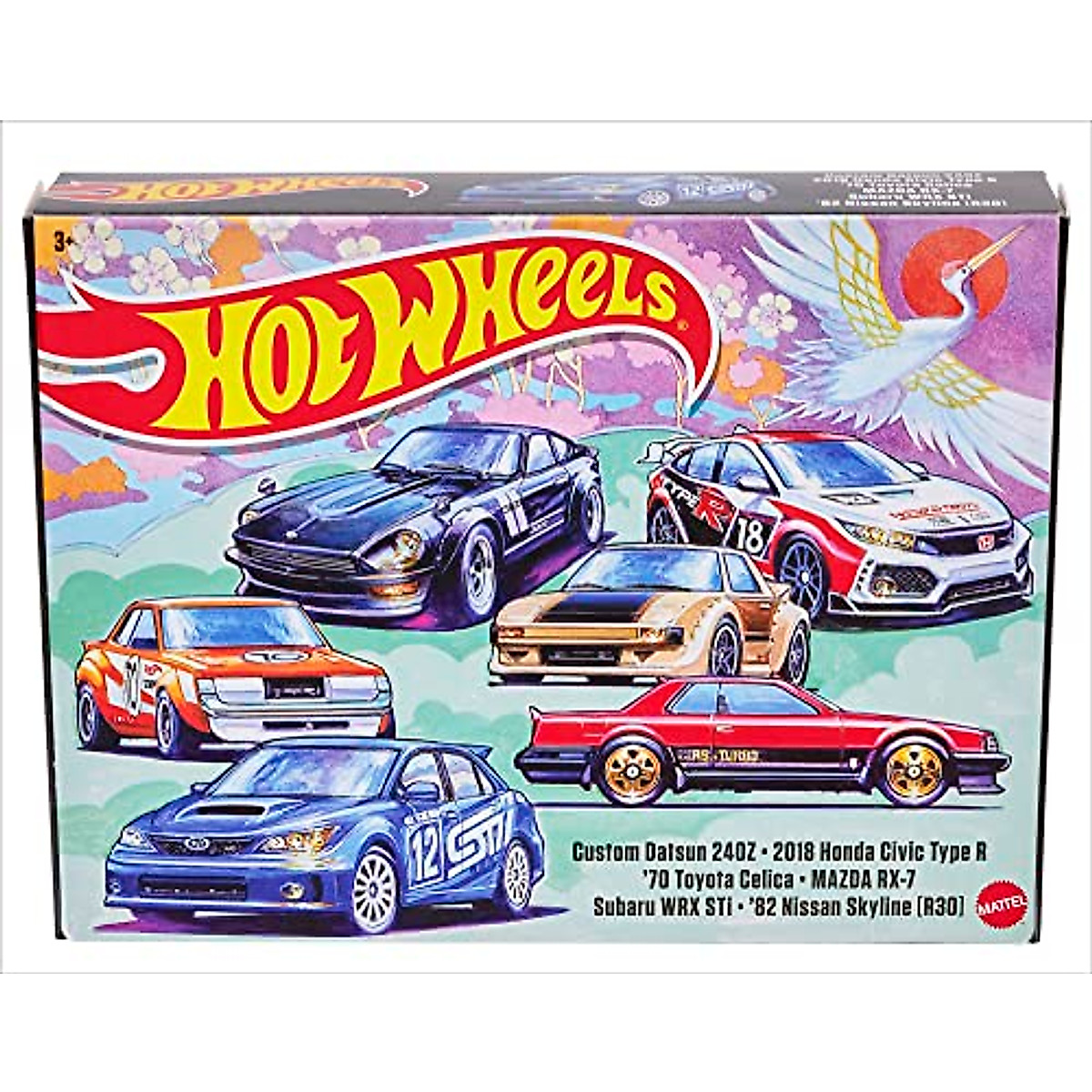 Hot Wheels 6 Pack Custom Datsun 240z, 2018 Honda Civic Type R, '70 Toyota Celica, Mazda RX-7, Subaru WRX STi, and '82 Nissan Skyline