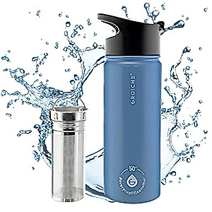 GROSCHE Chicago Steel Infuser Bottle, tea infuser flask, infuser water bottle thermos, Insulated Stainless Steel flask with tea infuser (Blue, 16 fl oz)