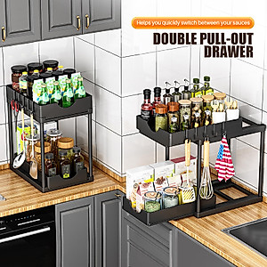 2 Pack Under Sink Organizer with Hooks & Hanging Cups, 2-tier Double Pull-out Drawer Kitchen Under Sink Storage for Canned Sauce, Salad etc, Bathroom Counter Organizer for Spice Makeup Cosmetics