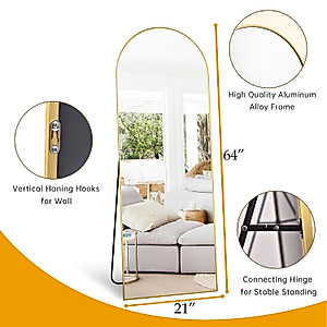 Dewfig Arched Full Length Mirror, 64"*21", Large Floor Mirror with Stand, Full Body Mirrosr Standing Mirrors for Leaning or Hanging Bedroom, Living Room,Dressing Room, Aluminum Alloy Frame, Gold