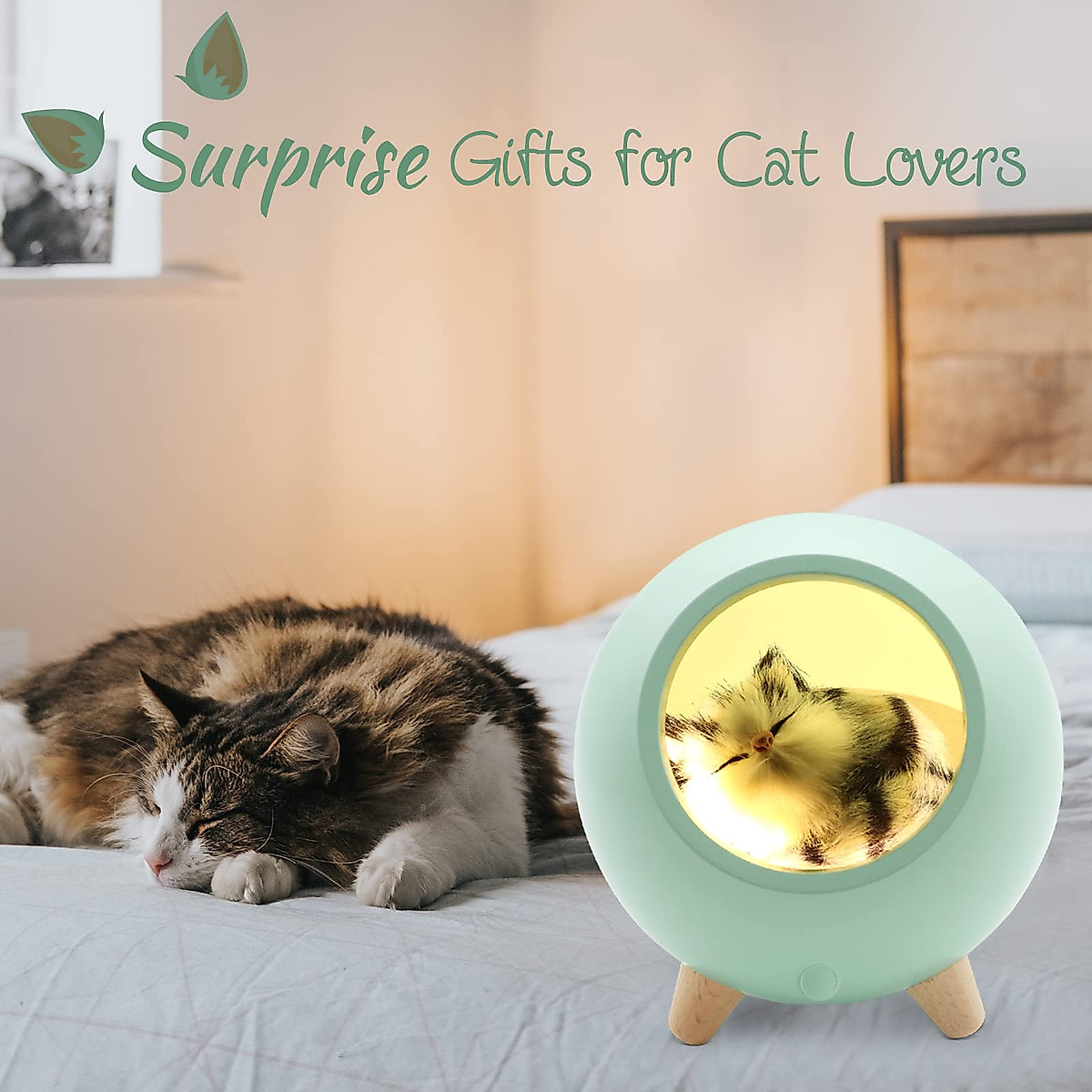 Vency Room Decor for Women, Cat Night Light for Bedroom, Cat Lover Gifts for Women Wife Mom Teen Girls, Cute Cat House Valentine Christmas Birthday Gifts (Green)