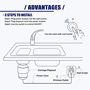 Garbage Disposal Wireless Switch Kit, Self-Powered Portable Remote Control Outlet Switch, Sink Top Wireless Switch Controller by CLEESINK