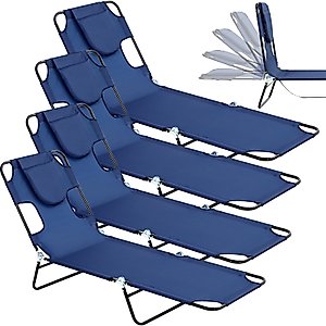 Beeveer 4 Pack Folding Beach Lounger Sunbathing Chair Heavy Duty Tanning Chair with Face Hole Adjustable 5 Position Folding Chairs, Backpack Straps, for Patio Pool Lawn Deck (Navy Blue, Black)