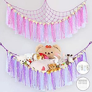 2 Packs Stuffed Animal Net or Hammock with LED Light Plush Toy Hammock Stuffed Animal Storage Holder Hanging Kids Toy Organizers and Storage Net with Tassels for Kids Bedroom Nursery Play Room Decor