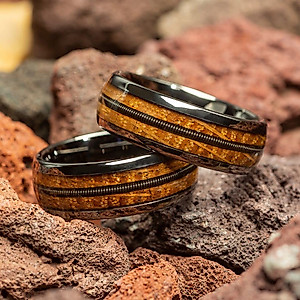 Guitar String Mens Wedding Ring Whiskey Barrel Gunmetal Tungsten | Guitarist Mens Wedding Band | Musician Mens Ring 8mm Comfort Fit