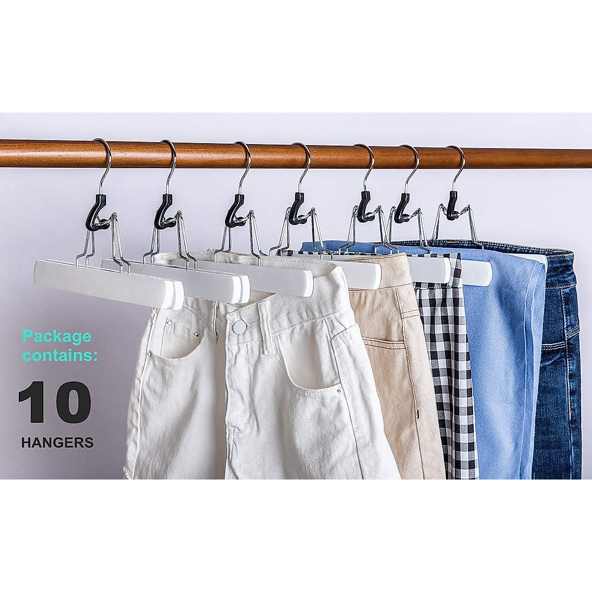 Amber Home 10 Pack White Wooden Pants Hangers, Wood Clamp Hangers with Non Slip Padded Velvet, Jeans/Slacks Hangers Hair Extension Hangers for Skirts, Trousers, Wigs (White, 10)