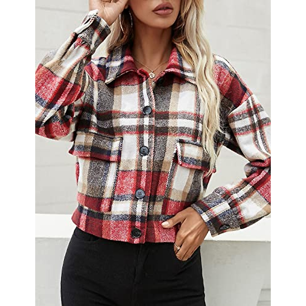 UANEO Womens Cropped Plaid Shacket Brushed Button Down Casual Flannel Shirt Jacket (Red, Large)