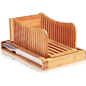 RAXXIO Bamboo Bread Slicer with Knife, Adjustable, Foldable and Compact with Crumb Tray, Bread Cutter for Homemade Bread, Loaf Cakes, Bagels Slicer, 3 Different Size Slices