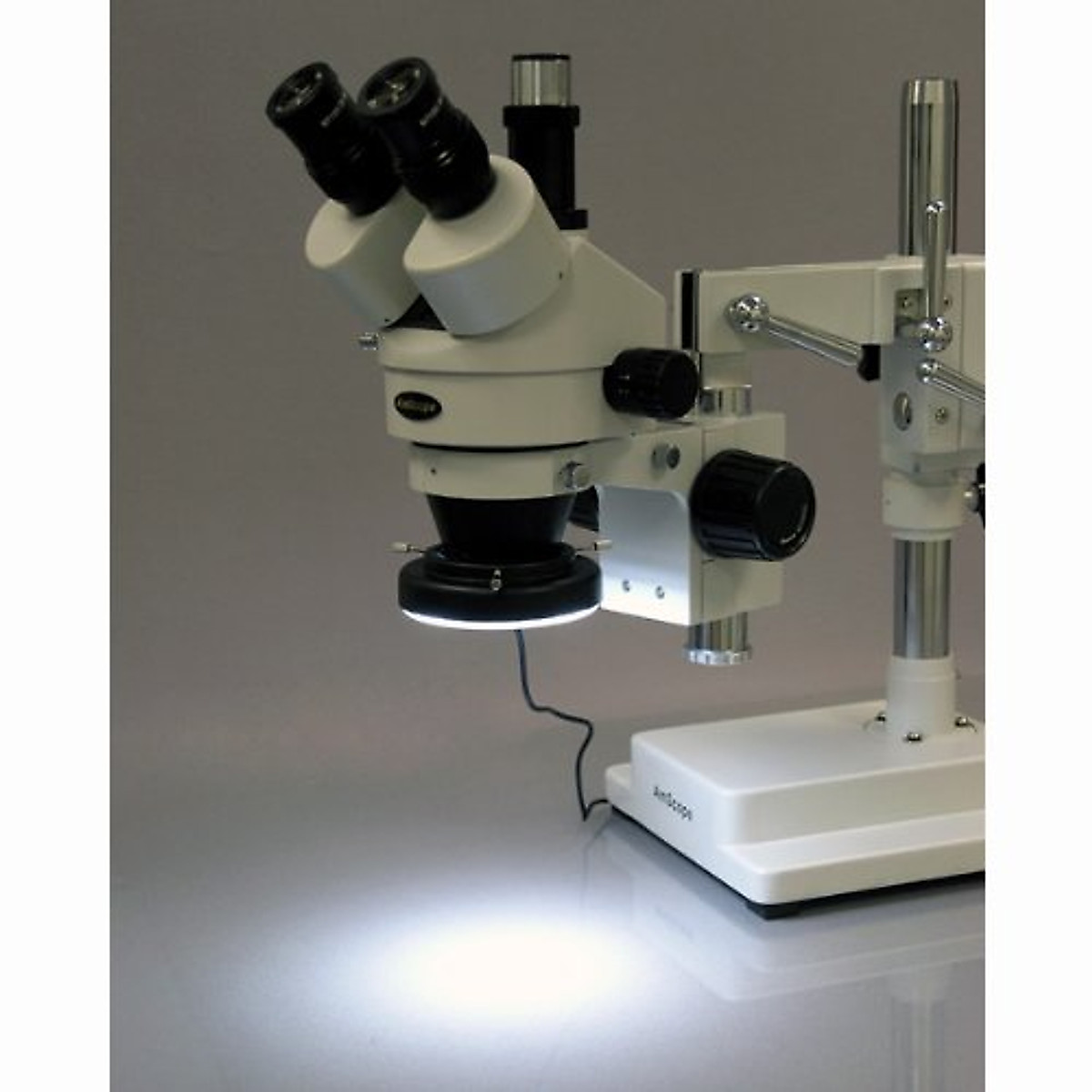 AmScope SM-4TZ-144 Professional Trinocular Stereo Zoom Microscope, WH10x Eyepieces, 3.5X-90X Magnification, 0.7X-4.5X Zoom Objective, 144-Bulb LED Ring Light, Double-Arm Boom Stand, 110V-240V, Includes 0.5X and 2.0X Barlow Lens