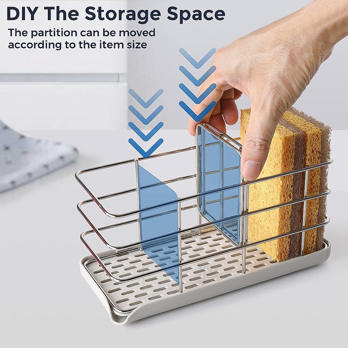 Damita Sponge Holder for Kitchen Sink, Stainless Steel Sink Caddy Organizer Rack, Brush Dish Soap Dispenser Bar Accessories Tray Drainer, with Drain Pan for Bathroom Countertop Storage