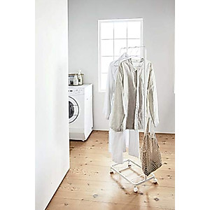 Yamazaki Home Laundry Hanging Bar and Wire Storage Rack | Steel + Wood | Tall | Rolling Carts, White