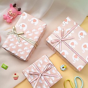 LeZakaa Reversible Pink Baby Shower Wrapping Paper Roll, Elephant & Footprint in Pink for Baby Shower, Baby Girl's 1st Birthday, Newborn Party, Mini Roll, 17 inches x 32.8 Feet