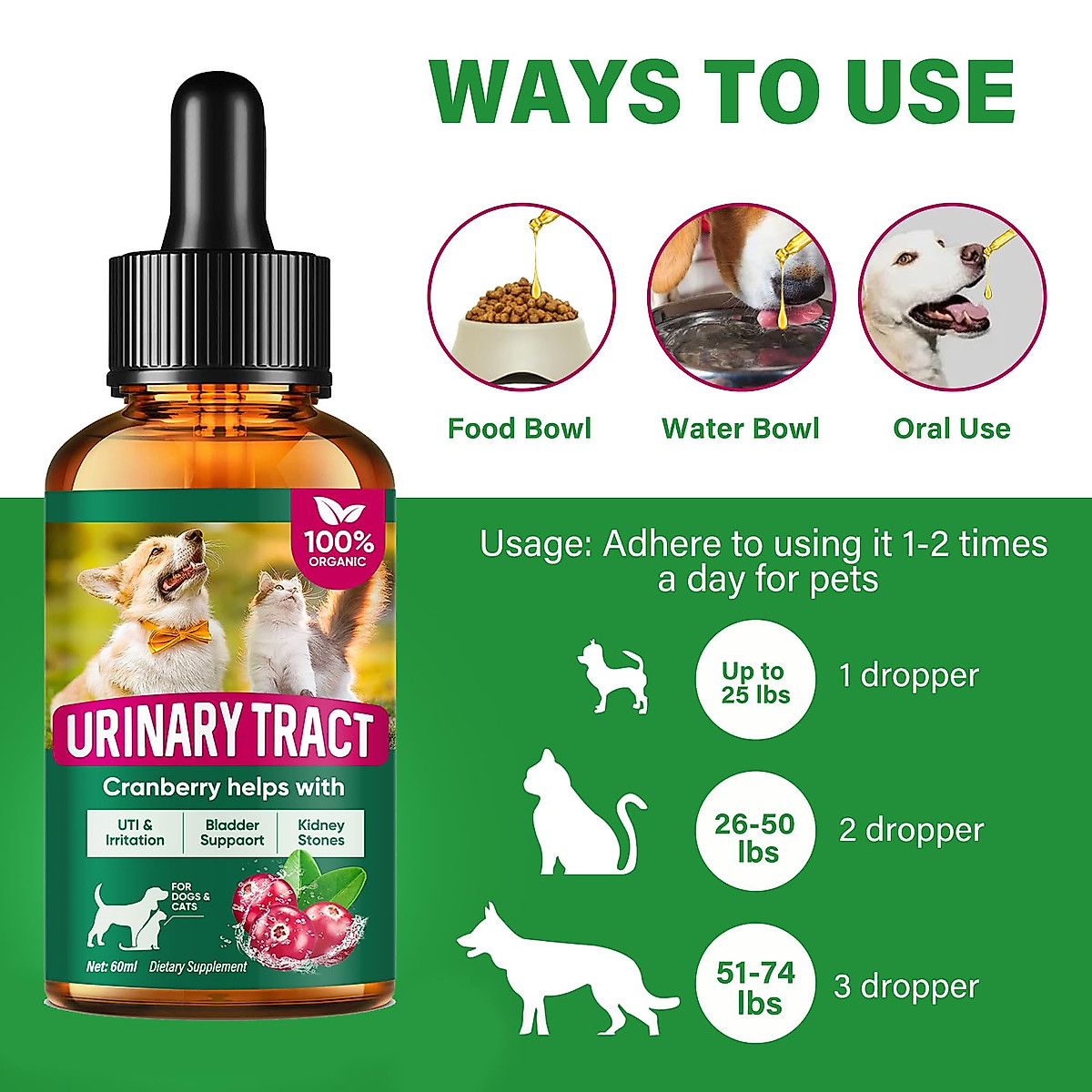 Cat & Dog UTI Treatment - Urinary Tract Support for Pets，Cranberry Kidney and Bladder Supplements, Pet Renal Health Care, Prevention and Treatment