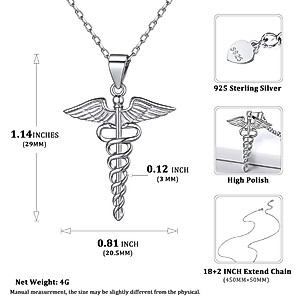 Nofade Silver Caduceus Symbol of Medicine Necklace 925 Sterling Silver Pendant Necklace for Doctor or Nurse Perfect Holiday Gift Jewelry Gift