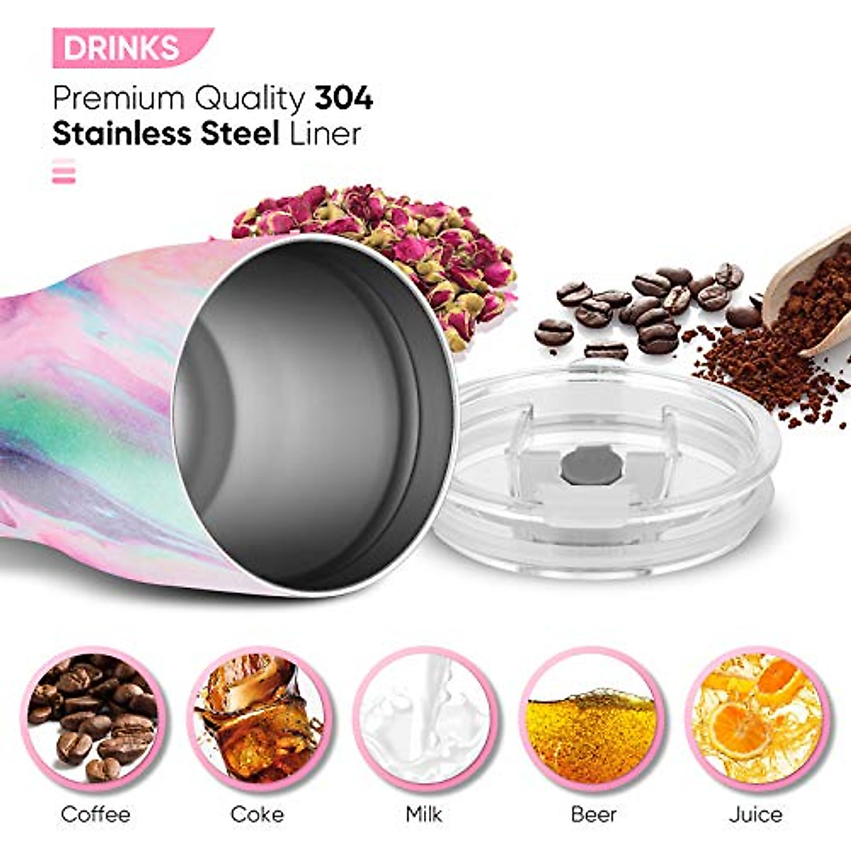 ZONZHI 17oz(500ml) Insulated Tumbler with Lids and Straws & Free Cleaning Brush, Small Reusable Stainless Steel Iced Coffee Tumbler Travel Mug Wine Cup,Keep Drinks Cold 6 Hours,Hot 3 Hours - Rainbow