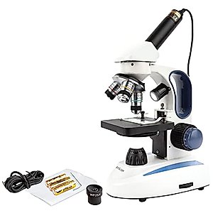 AmScope M158C-2L-E Digital Cordless Compound Monocular Microscope, WF10x and WF25x Eyepieces, 40x-1000x Magnification, Upper and Lower LED Illumination with Rheostat, Brightfield, Single-Lens Condenser, Coaxial Coarse and Fine Focus, Plain Stage, 110V or
