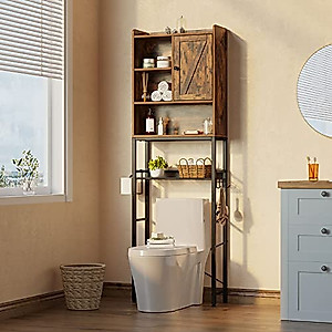 Rolanstar Over The Toilet Storage Rack with Cabinet, 5-Tier Bathroom Space Saver with Adjustable Shelf, Freestanding Bathroom Organizer, Multifunctional Bathroom Toilet Rack, Rustic Brown
