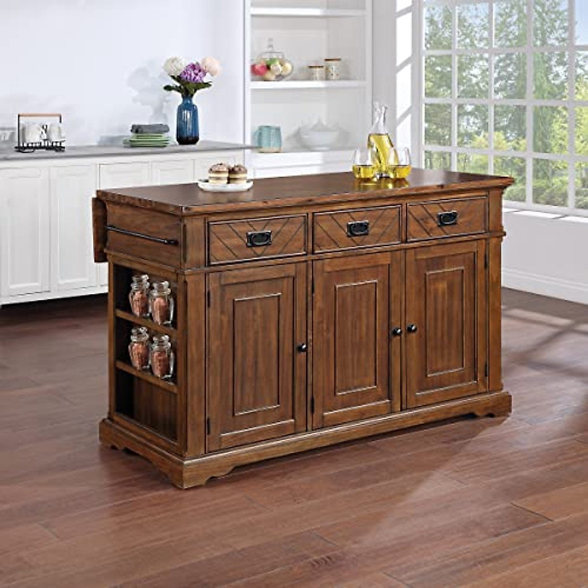 OSP Home Furnishings Palisade Kitchen Island with 3 Drawers and Cabinets with Adjustable Shelves and Pan Storage, Oak Finish